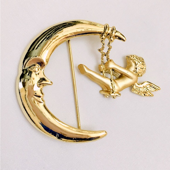 AJC | Jewelry | Angel Swinging On The Moon Ajc Gold Tone Brooch | Poshmark